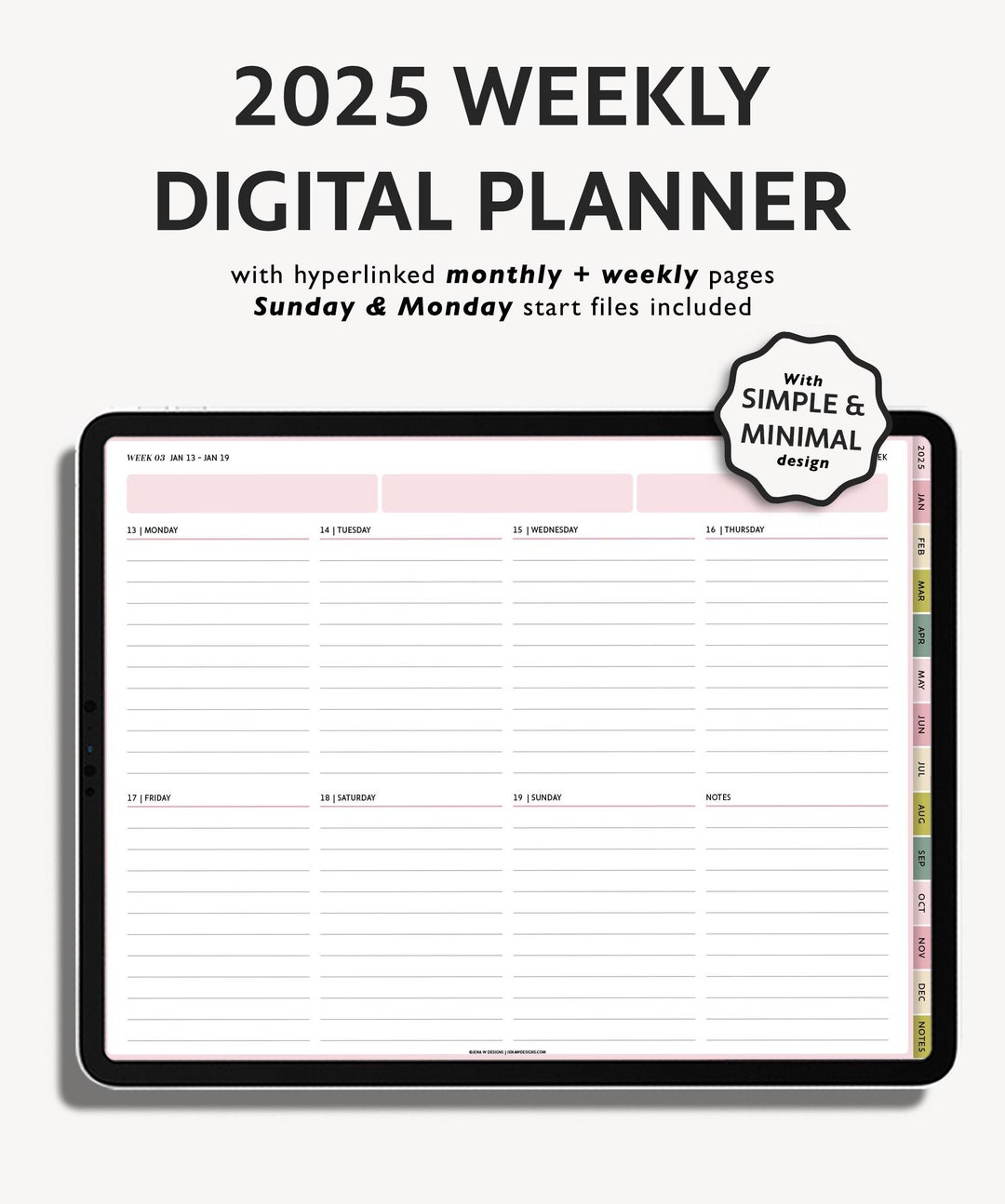 2025 Dated Monthly Weekly Digital Planner for iPad and Android, Minimal ...