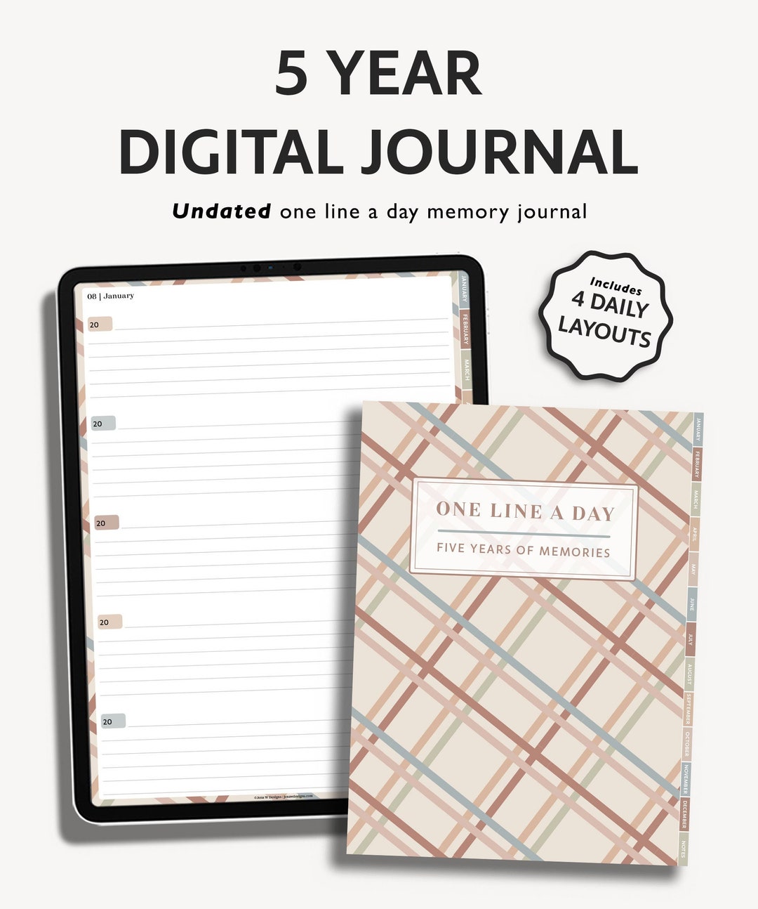 Five Year Daily Digital Diary, One Line A Day Journal, 365 Undated ...
