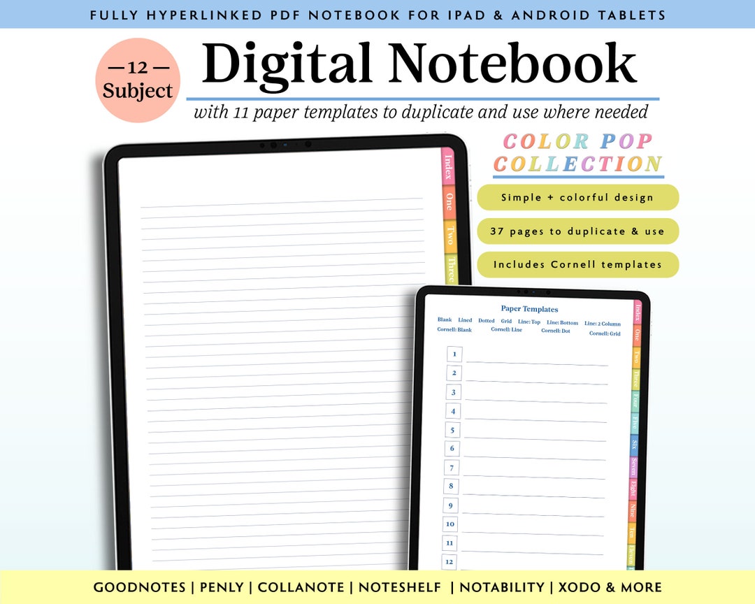 Digital Notebook With Rainbow Tabs: Cornell Paper Template (PDF) - Etsy