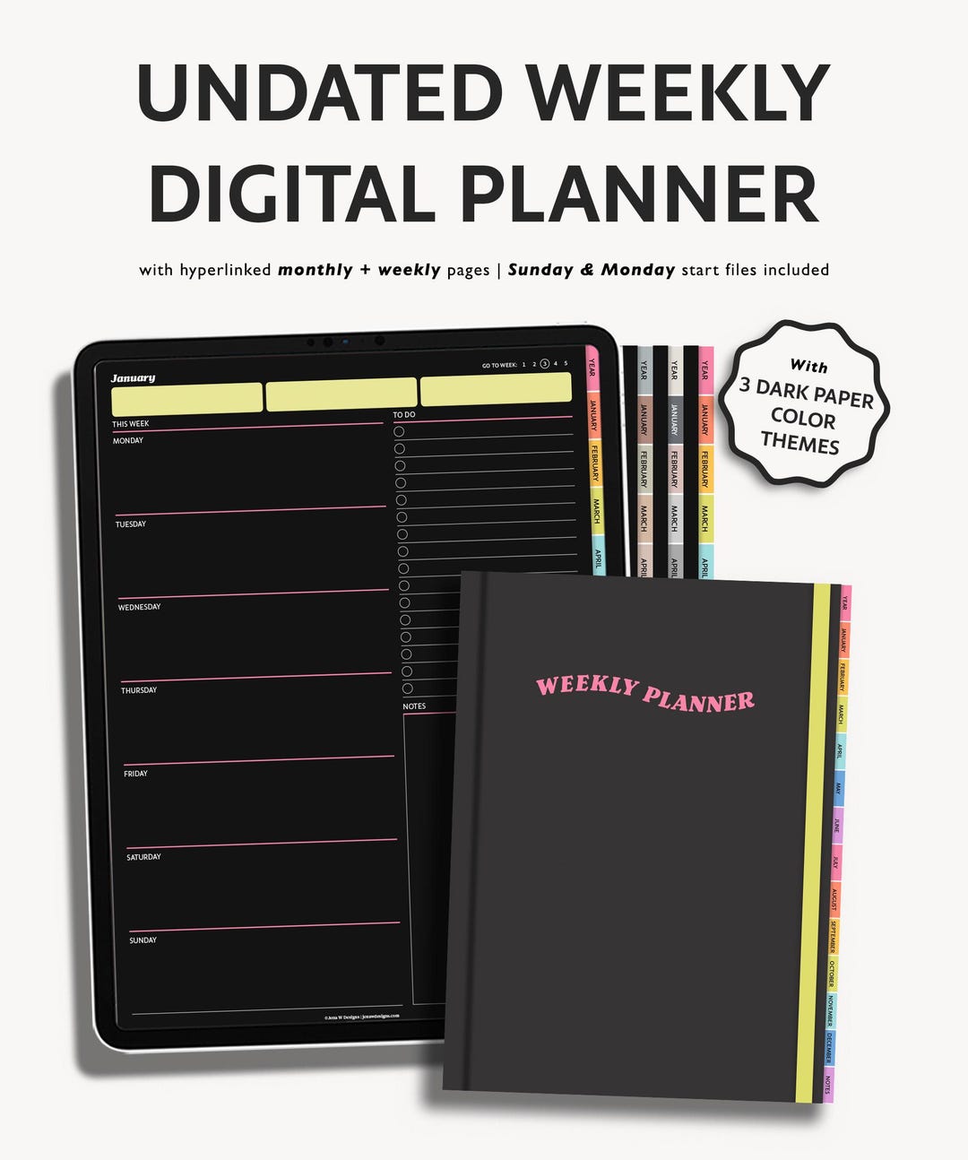 Undated Digital Planner Dark Mode Theme, Weekly + Monthly Digital ...