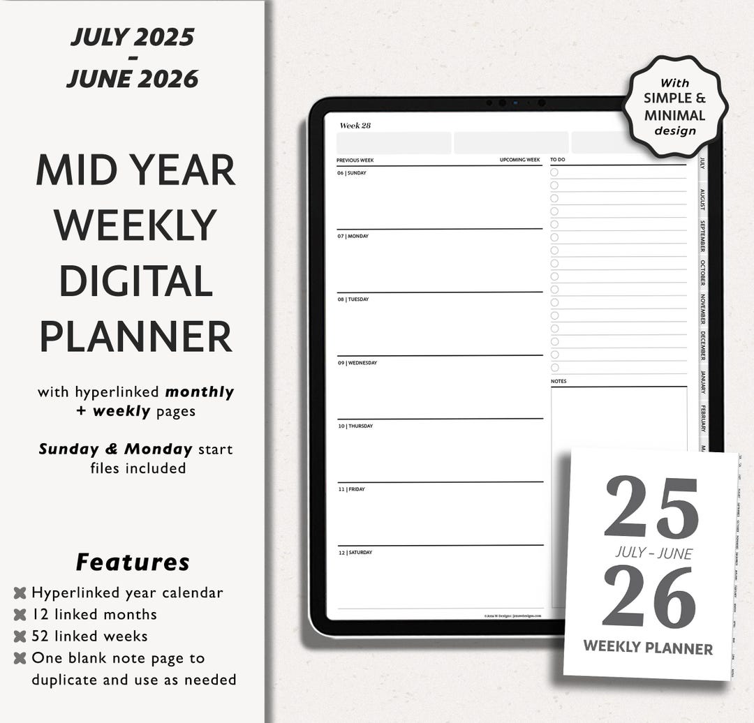 2025-2026 Mid Year Weekly Digital Planner: Minimalist Goodnotes iPad ...