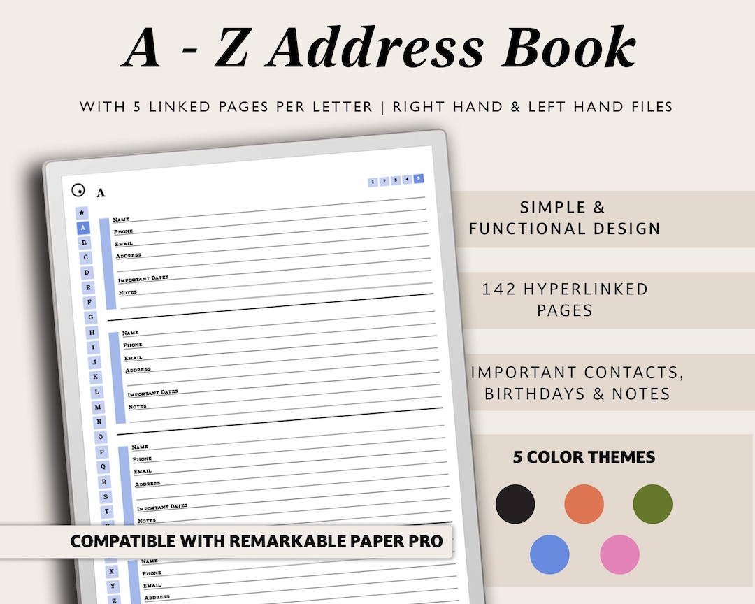 Digital Address Book for Remarkable Paper Pro: A-Z Hyperlinked PDF - Etsy