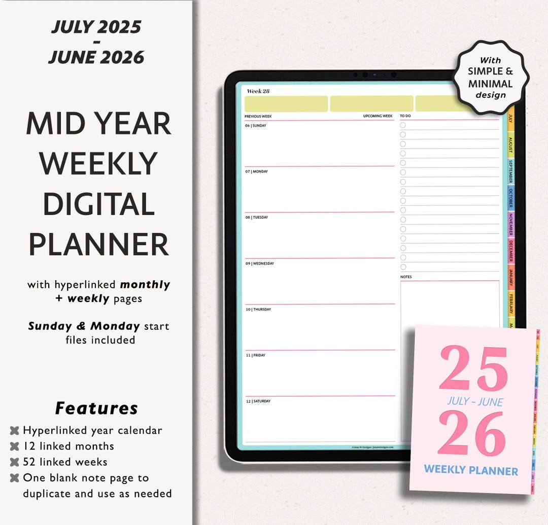 2025 2026 Simple Mid Year Weekly Planner, School Year Digital Agenda ...