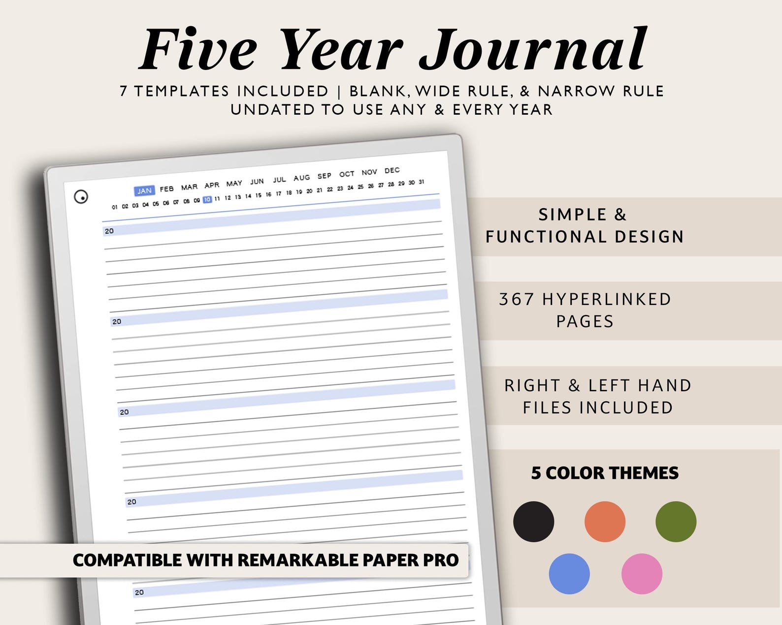Five Year Daily Journal: Compatible With Remarkable Paper Pro (PDF) - Etsy