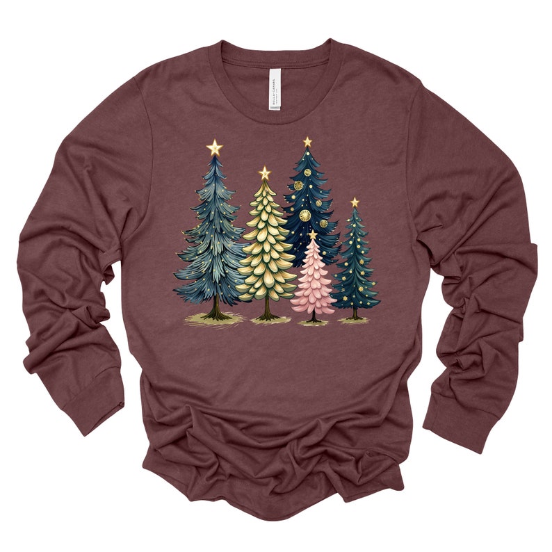 Watercolor Christmas Trees Long Sleeve Tee - Pink Tree Design - Etsy