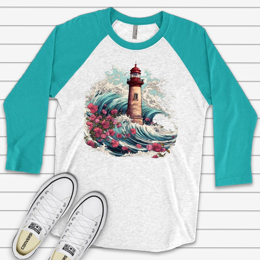 Lighthouse Raglan, Watercolor Lighthouse, Pink Flower Design, Premium ...