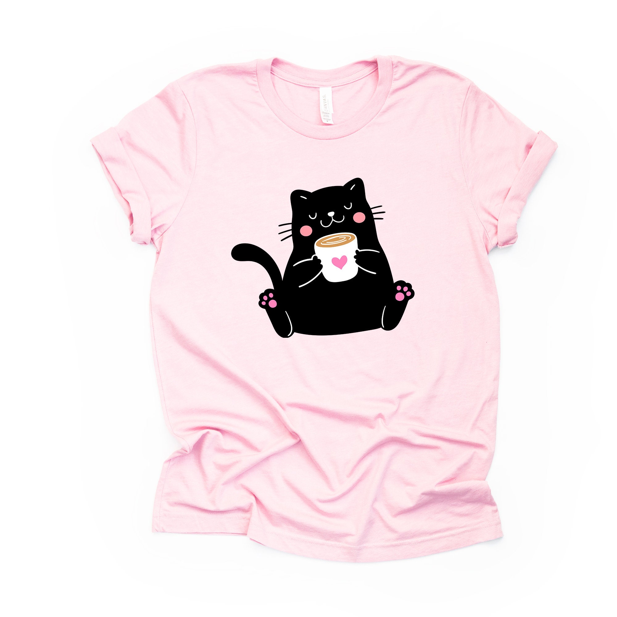 Cat Shirt Cute Black Cat Drinking Coffee Design on Premium - Etsy