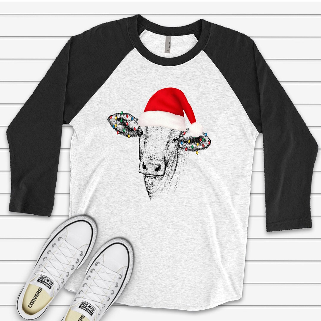 Christmas Cow Raglan, Cute Cow in Santa Hat With Christmas Lights ...