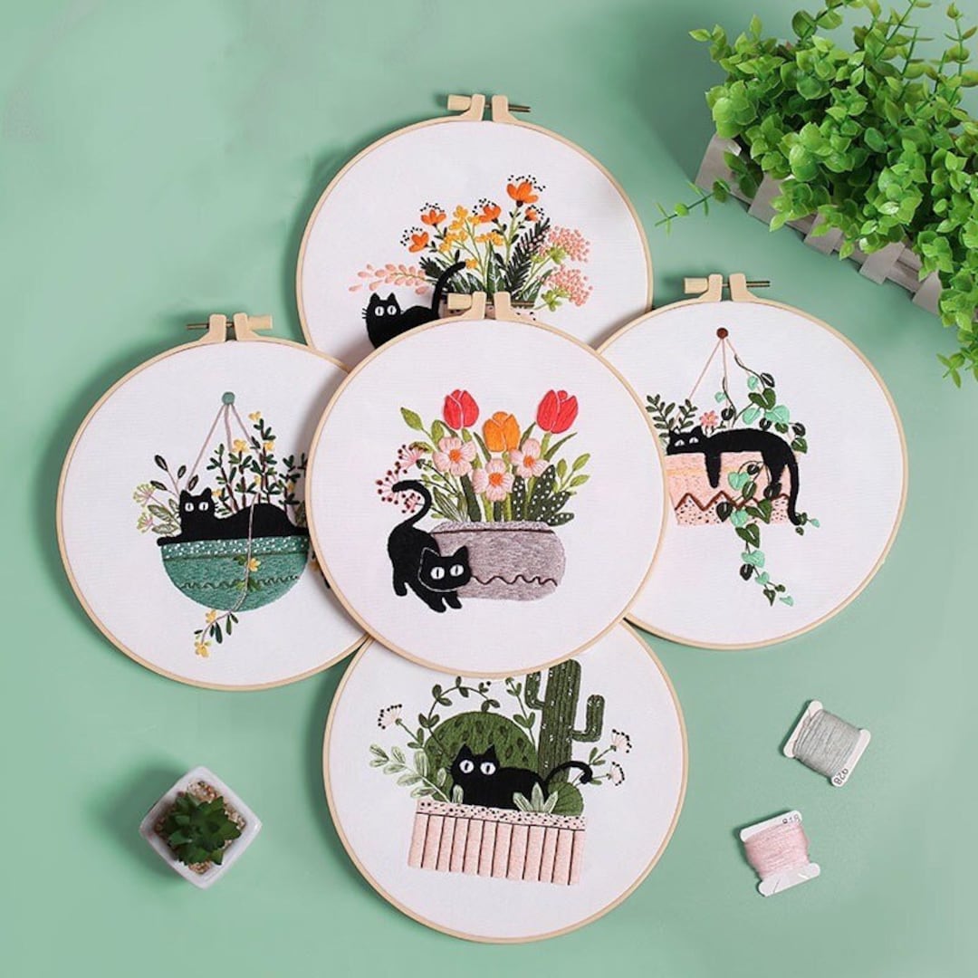 Cat Embroidery Kit: Floral Crewel Beginner DIY Craft - Etsy