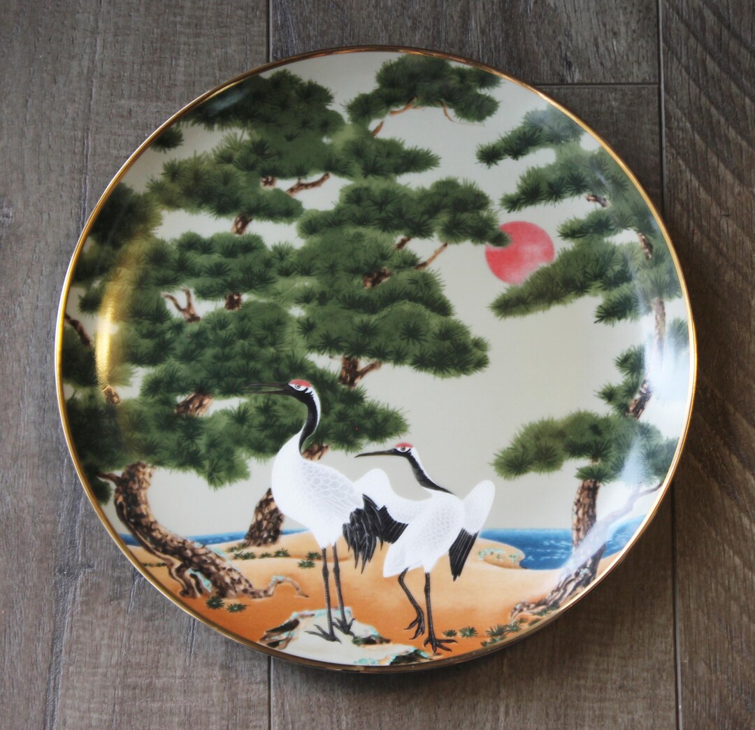 Japanese Painted Decorative Porcelain Plate White Cranes on Seashore ...