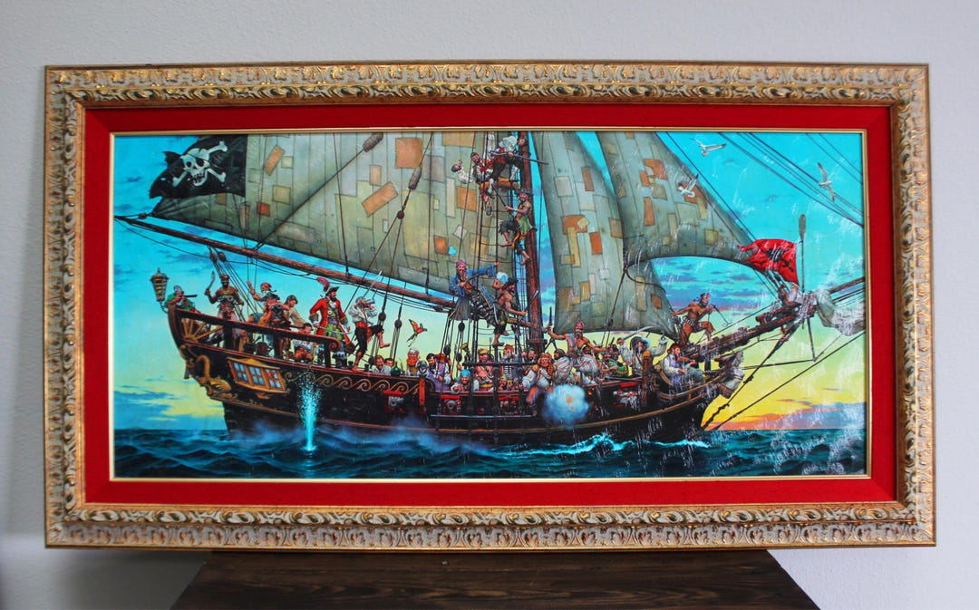ENORMOUS Gilt Framed Textured Art Print Pirate Ship "forty Thieves" by ...