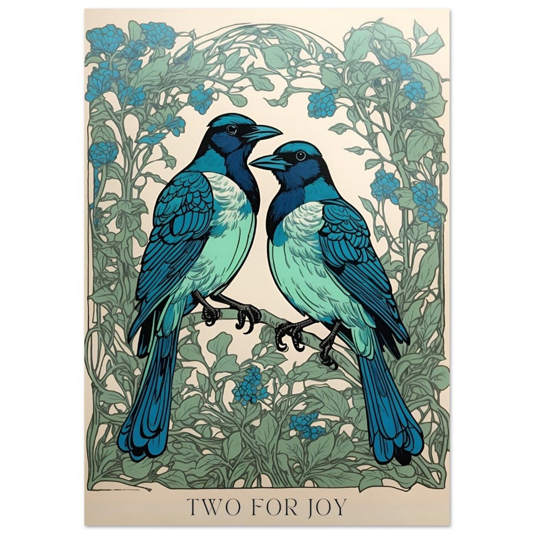 Two for Joy Superstitious Magpie Bird Good Luck Boho Art Nouveau Retro ...