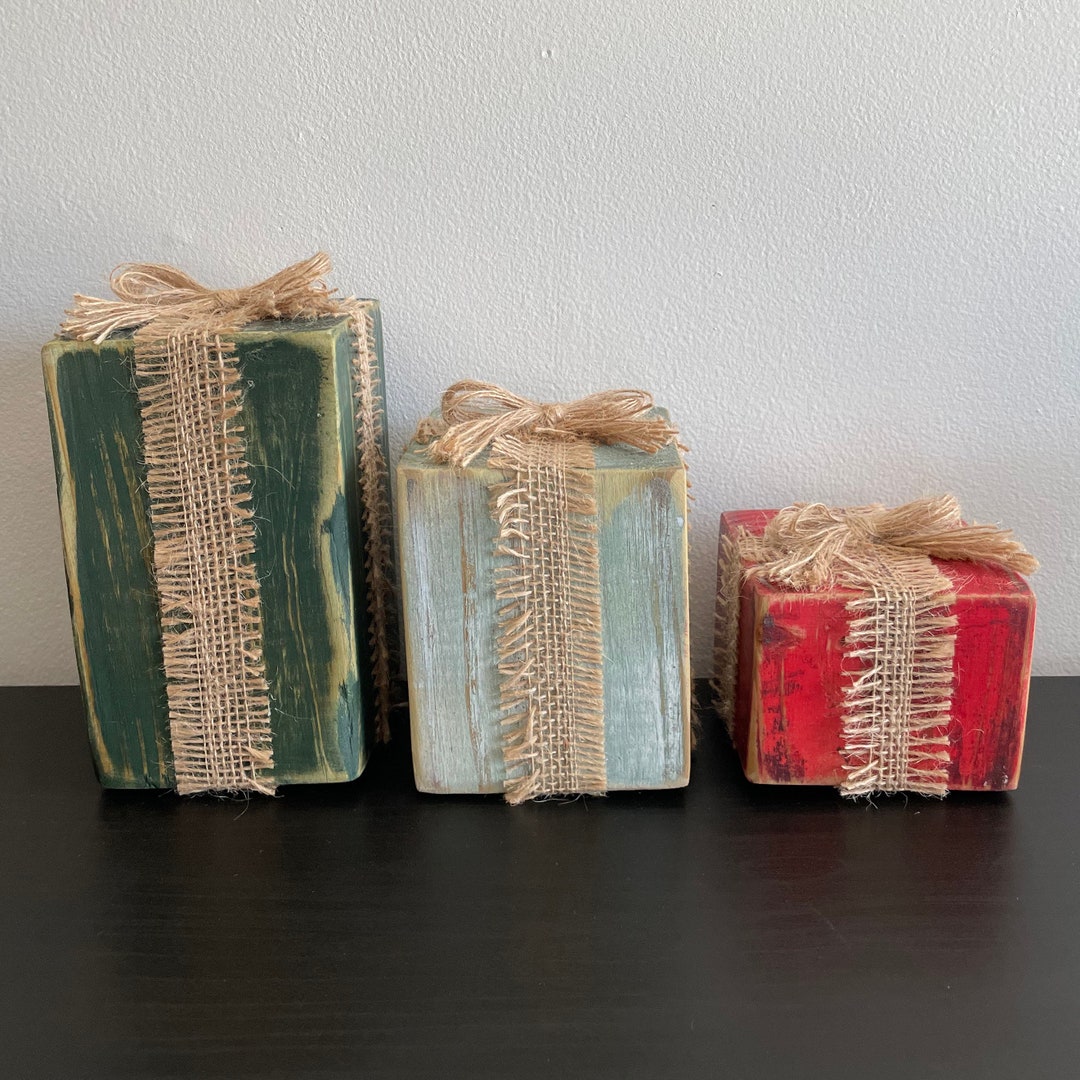 Rustic Wood Block Presents: Farmhouse Christmas Decor, Set of 3 - Etsy