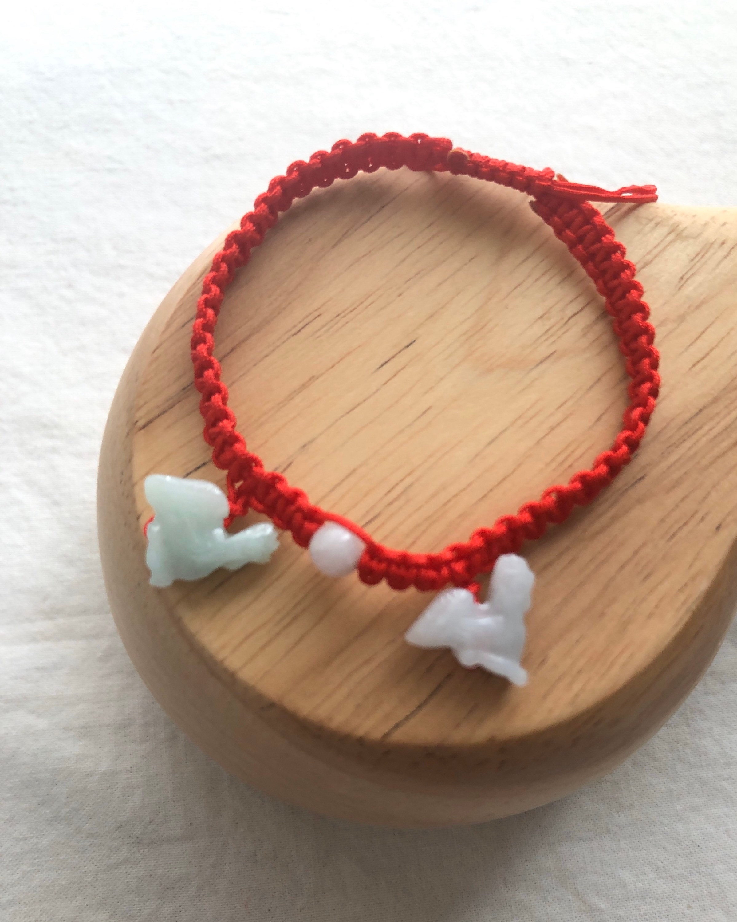 Cute Dangling Jade Double Roosters Bracelet, Adjustable Red Woven ...