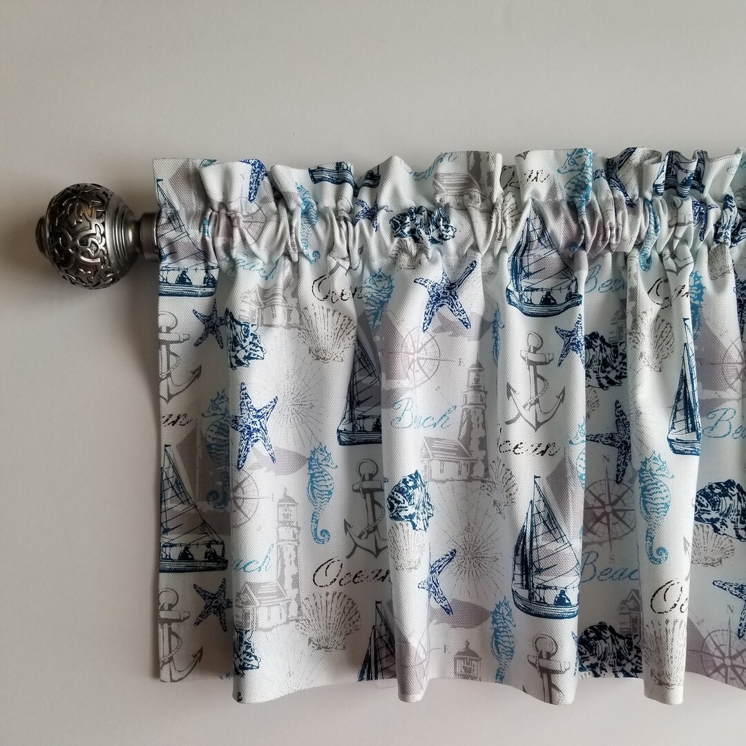 Coastal Nautical Beach House Blue and White Valance, Lighthouse Beach ...