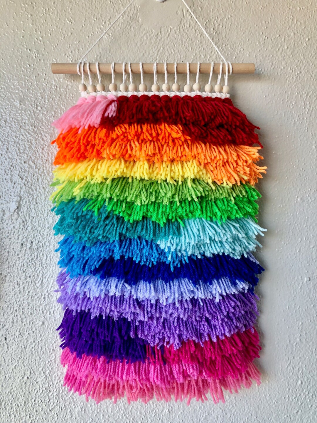 Rainbow Gradient Shag Woven Wall-hanging With Wood Beads - Etsy