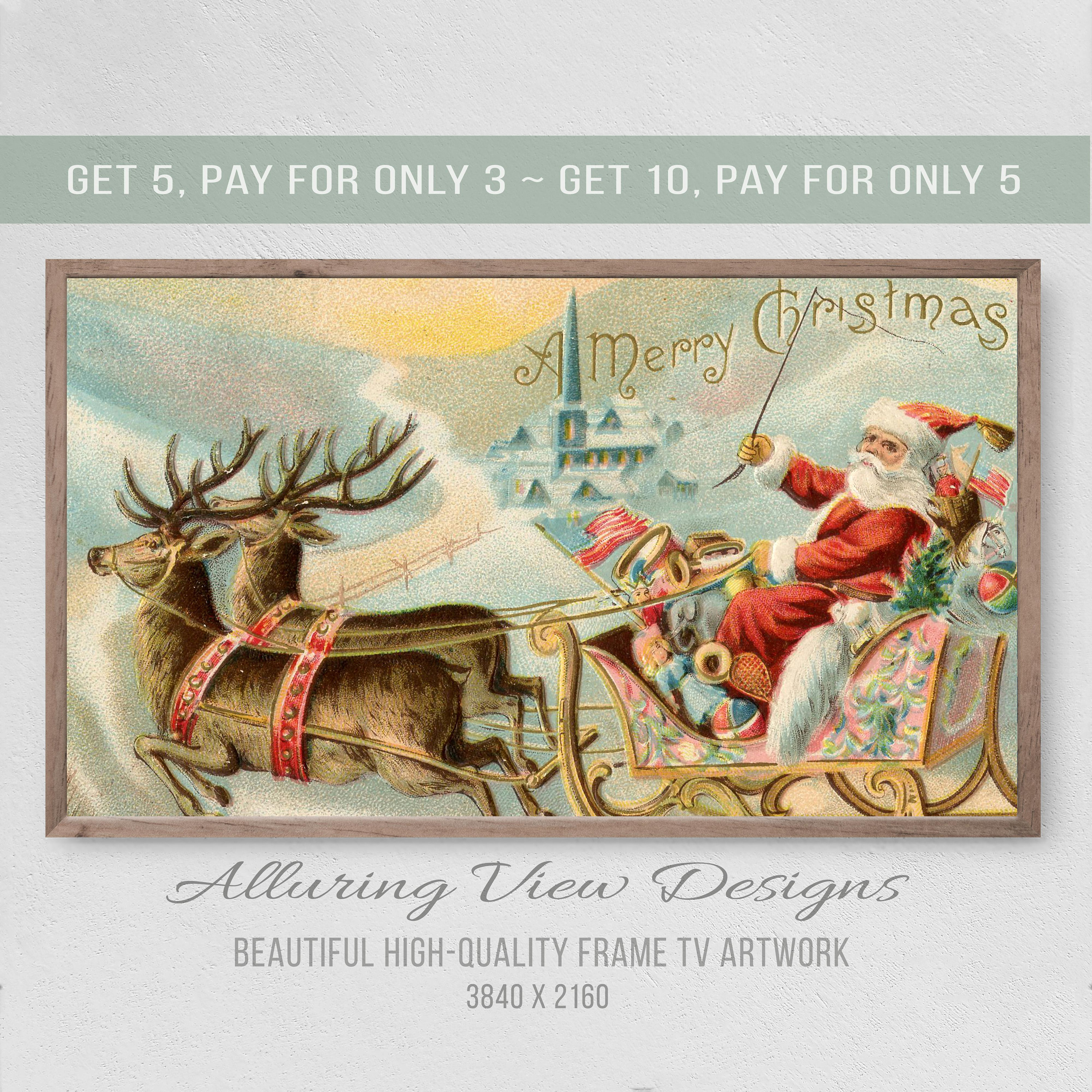 Vintage Santa's Sleigh Frame TV Art, Christmas Scene (digital Download ...