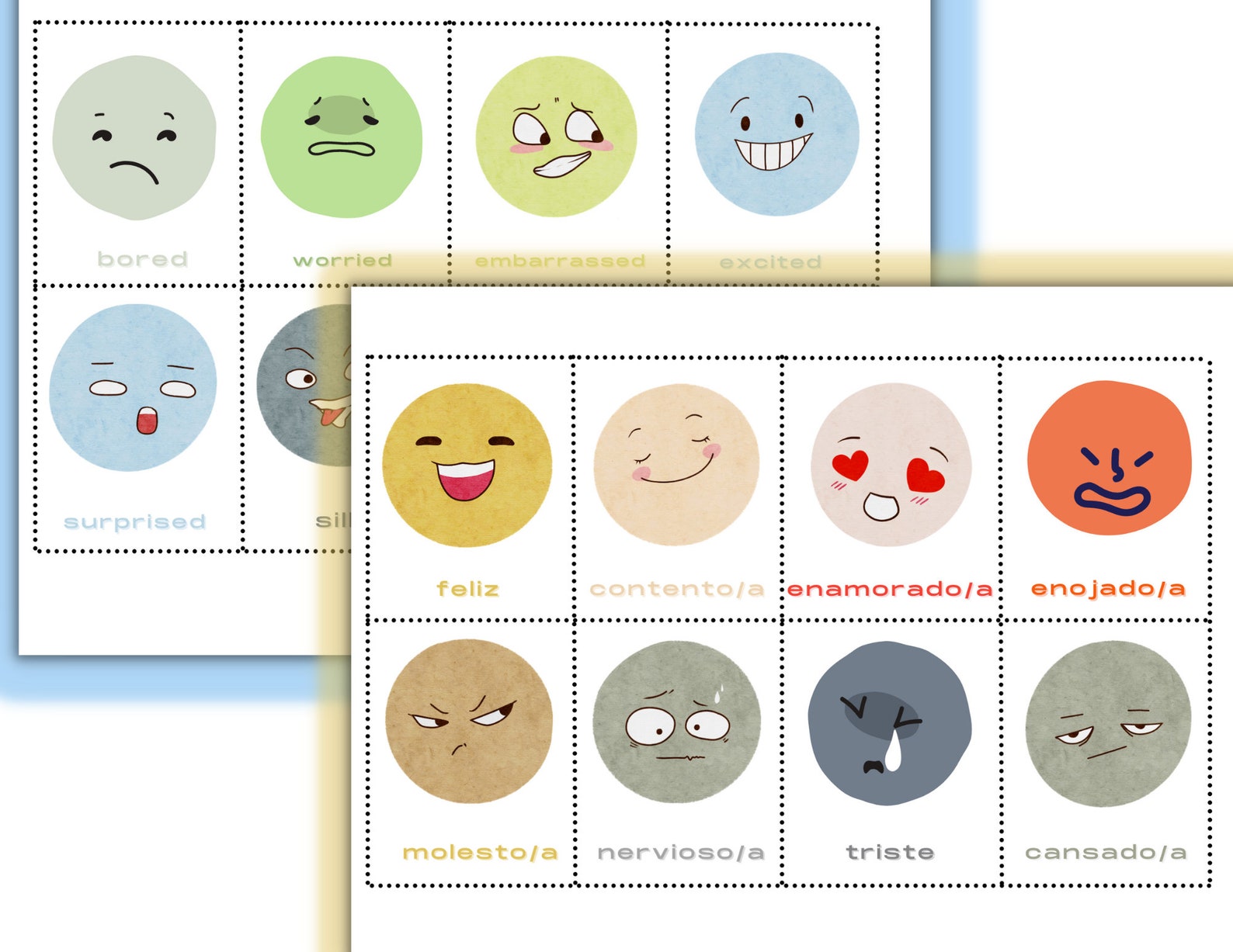 16 Emotion Words in Spanish & English Printable and Matching Game/flash ...