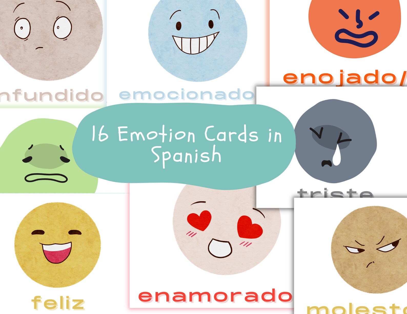 16 Emotion Words in Spanish & English Printable and Matching Game/flash ...
