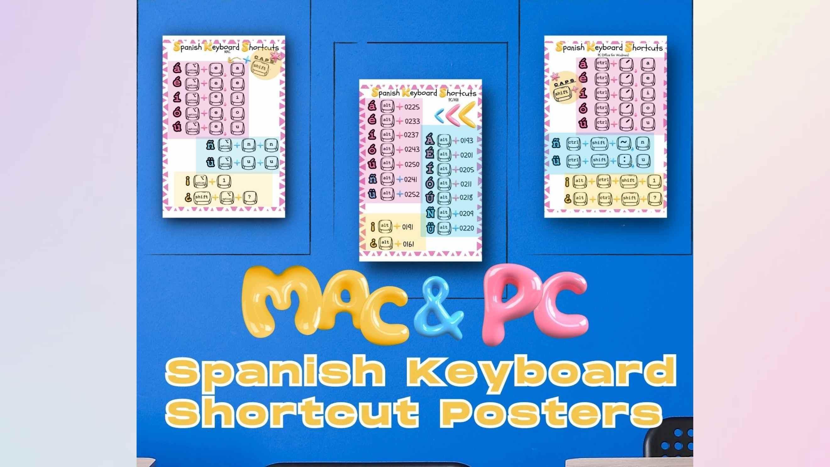 Spanish Keyboard Shortcut Posters for Mac and PC PDF Printable 8.5"x11 ...