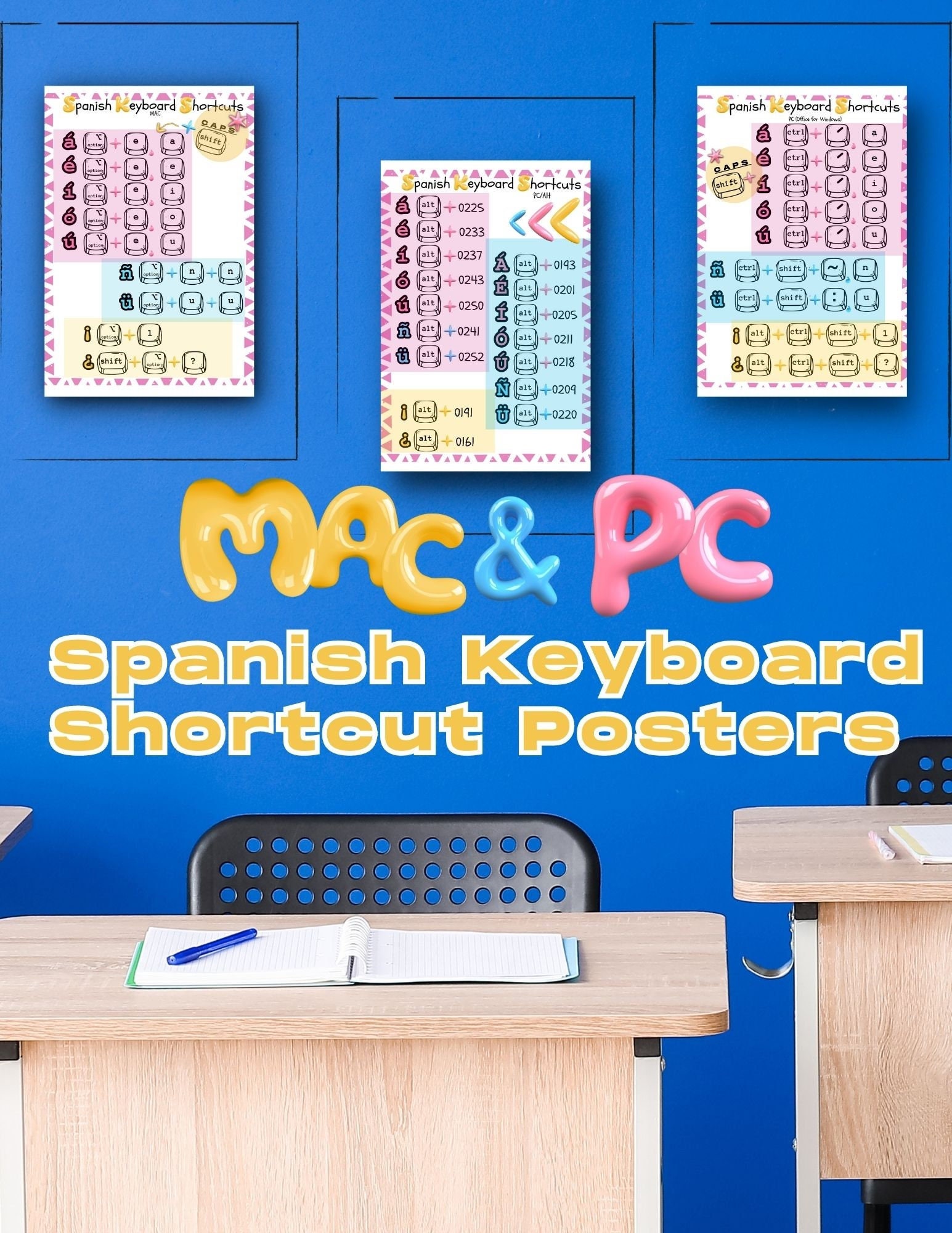 Spanish Keyboard Shortcut Posters for Mac and PC PDF Printable 8.5"x11 ...