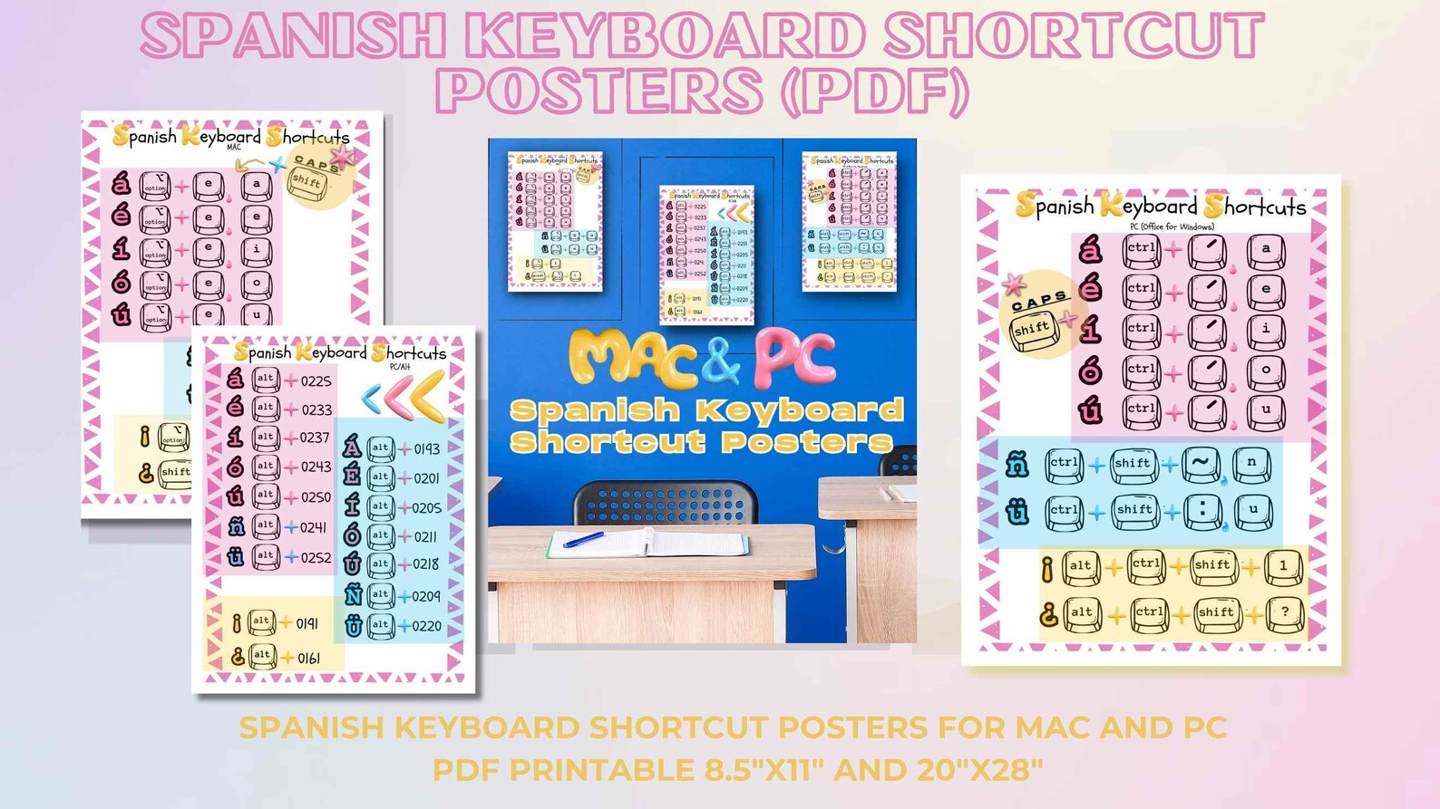 Spanish Keyboard Shortcut Posters for Mac and PC PDF Printable 8.5"x11 ...