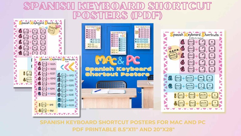 Spanish Keyboard Shortcut Posters for Mac and PC PDF Printable 8.5"x11 ...