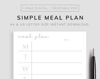 14 Day Meal Plan 1 Page Printable Instant Download Simple Design Black ...