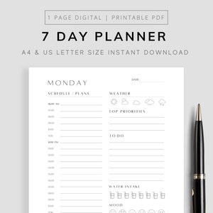 Printable 7 Day Planner | Daily Planner | Work Planner | Weekly Planner ...