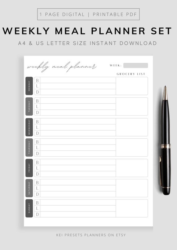 Grey Weekly Minimalist Meal Plan Printable Weekly Meal - Etsy