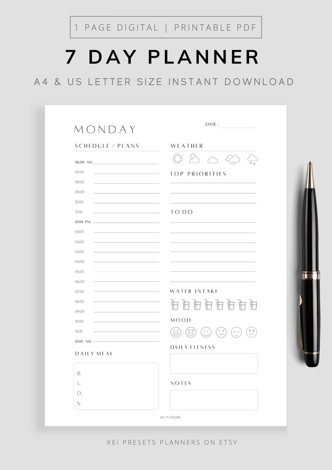 Printable 7 Day Planner Daily Planner Work Planner | Etsy