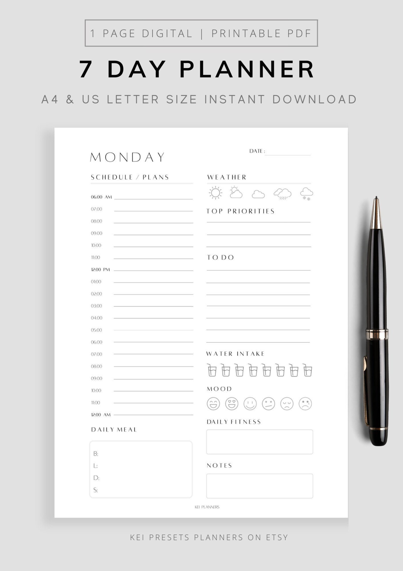 Printable 7 Day Planner Daily Planner Work Planner | Etsy