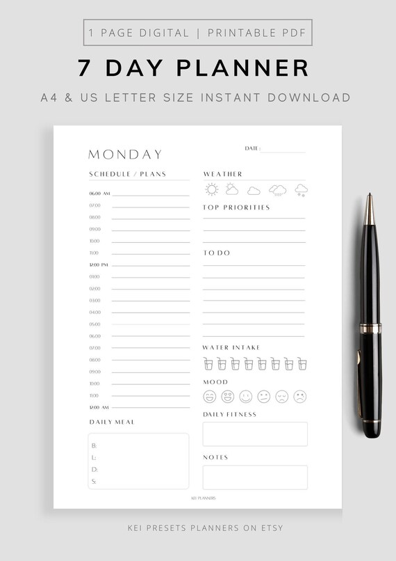 Printable 7 Day Planner Daily Planner Work Planner | Etsy
