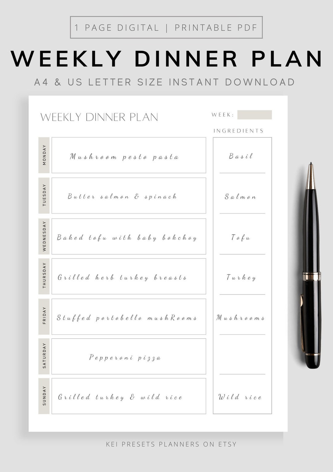 Weekly Dinner Planner | Printable Weekly Meal Planner | Instant ...