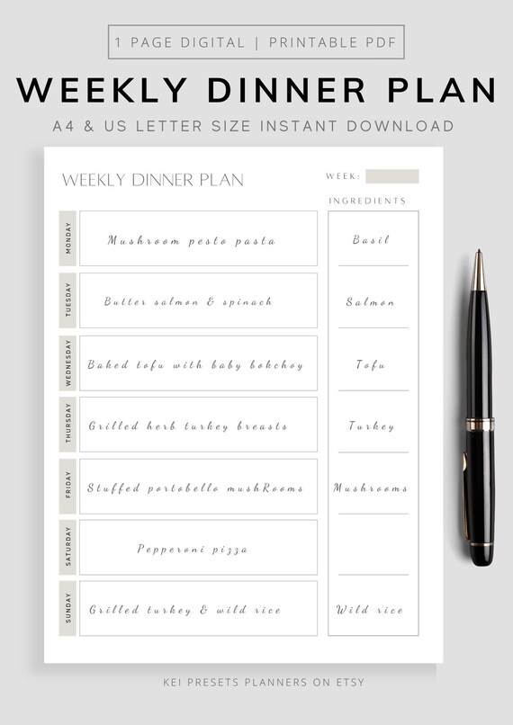 Weekly Dinner Planner Printable Weekly Meal Planner - Etsy