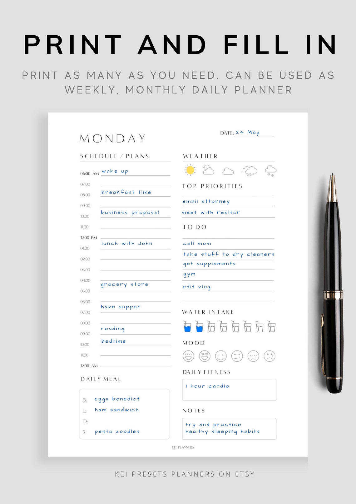 Printable 7 Day Planner Daily Planner Work Planner | Etsy