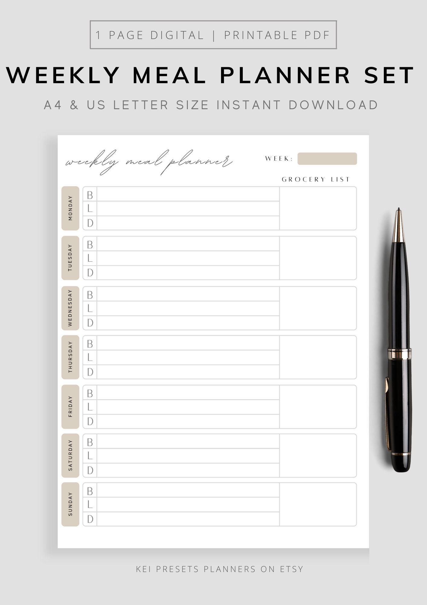 Weekly Minimalist Meal Plan Printable Weekly Meal Planner | Etsy