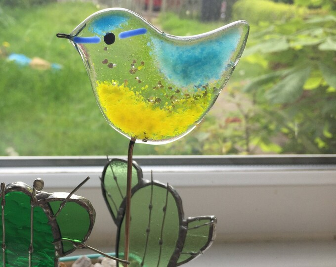 Blue Tit Plant Pot Decoration. Fused Glass Bird Light Catcher. - Etsy UK