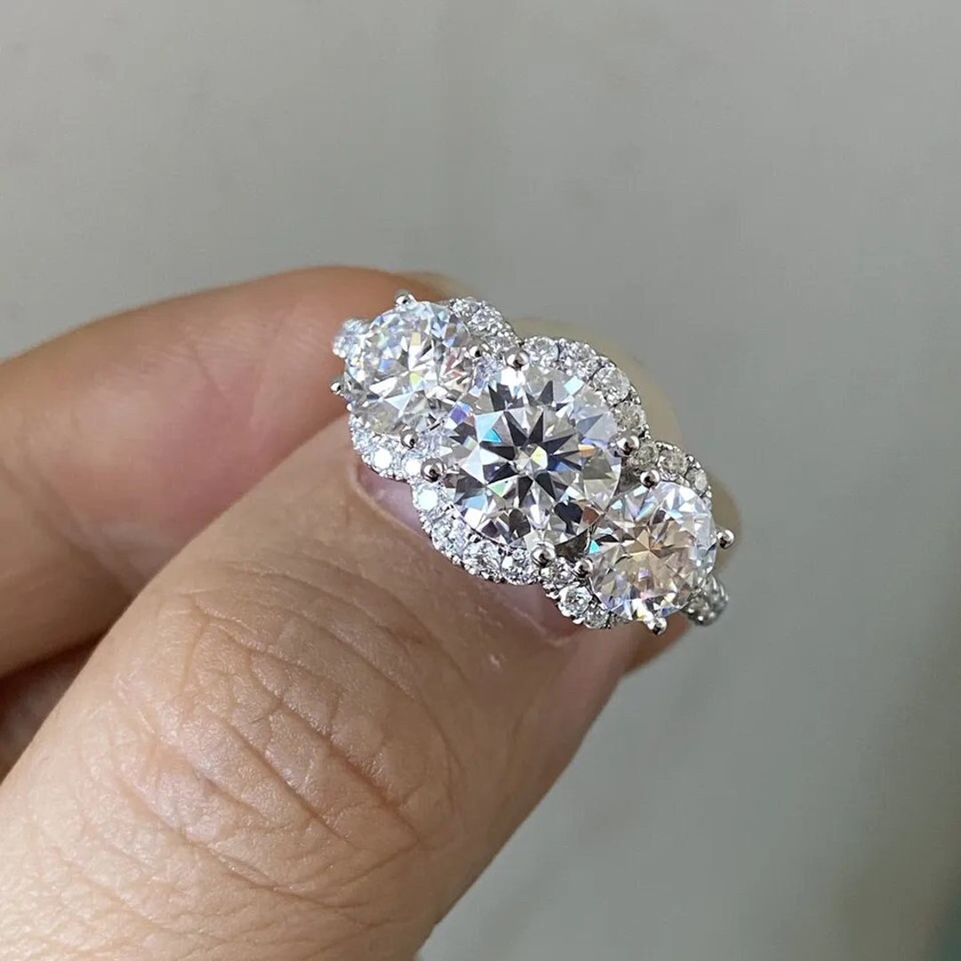 Beautiful 3 Stone Moissanite Ring /925 SIL Engagement Ring /4 CT Round ...