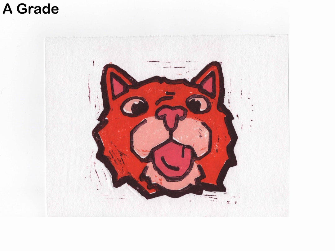 Cute Cat Licking Print | Handmade Linoleum Print - Etsy