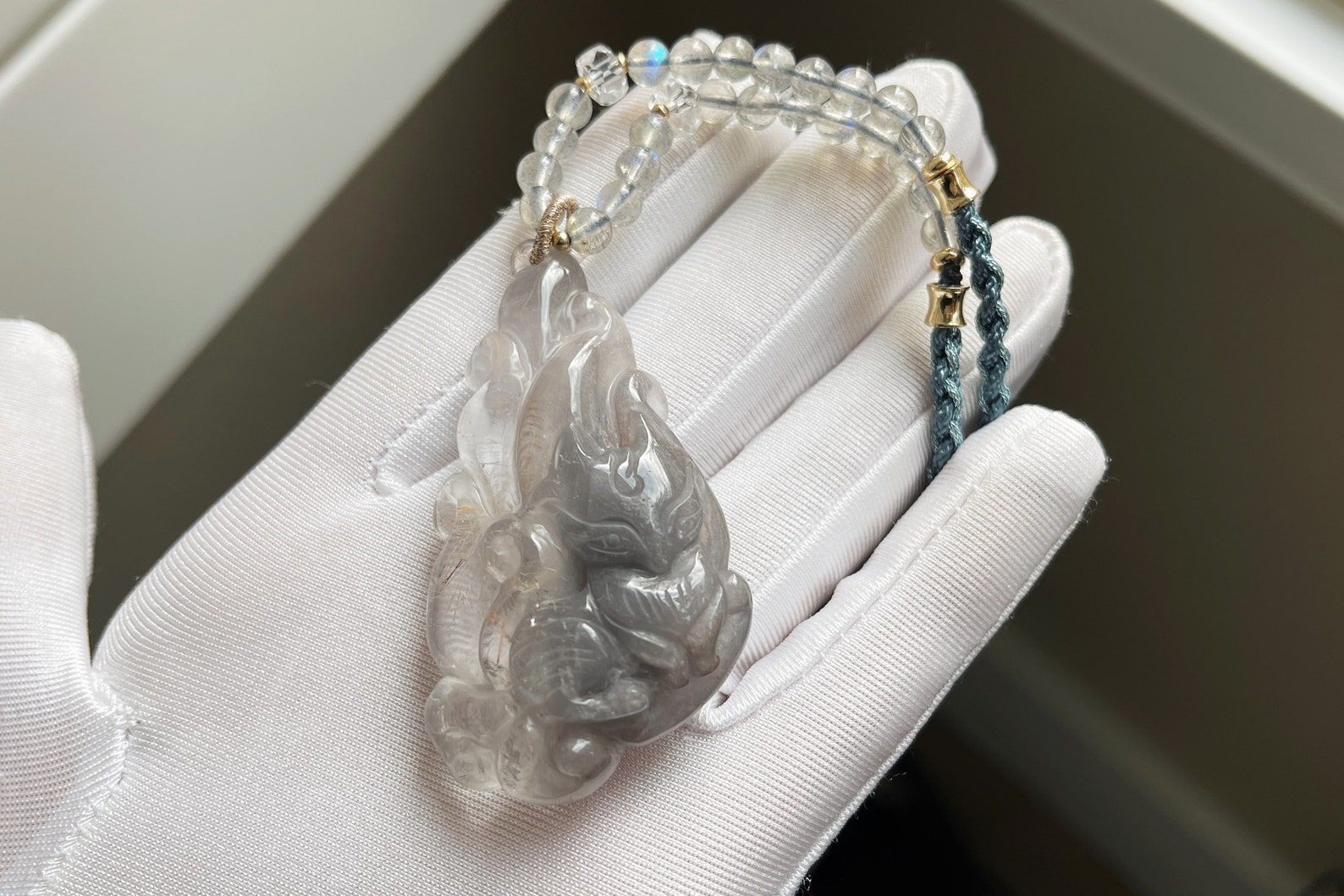 Natural Gray Phantom Quartz Hand Carved Nine Tailed Fox Pendant ...
