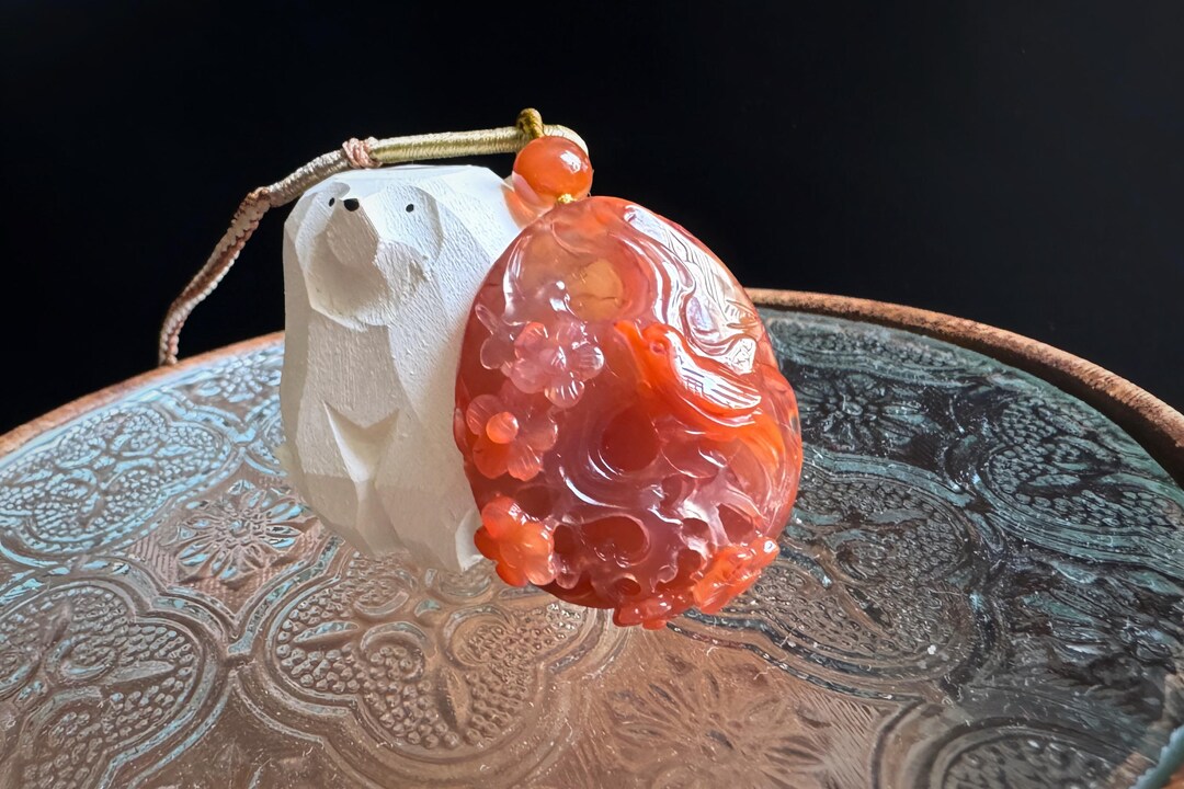 Natural Sichuan Nanhong South Red Agate Hand Carved Magpie and Cherry ...