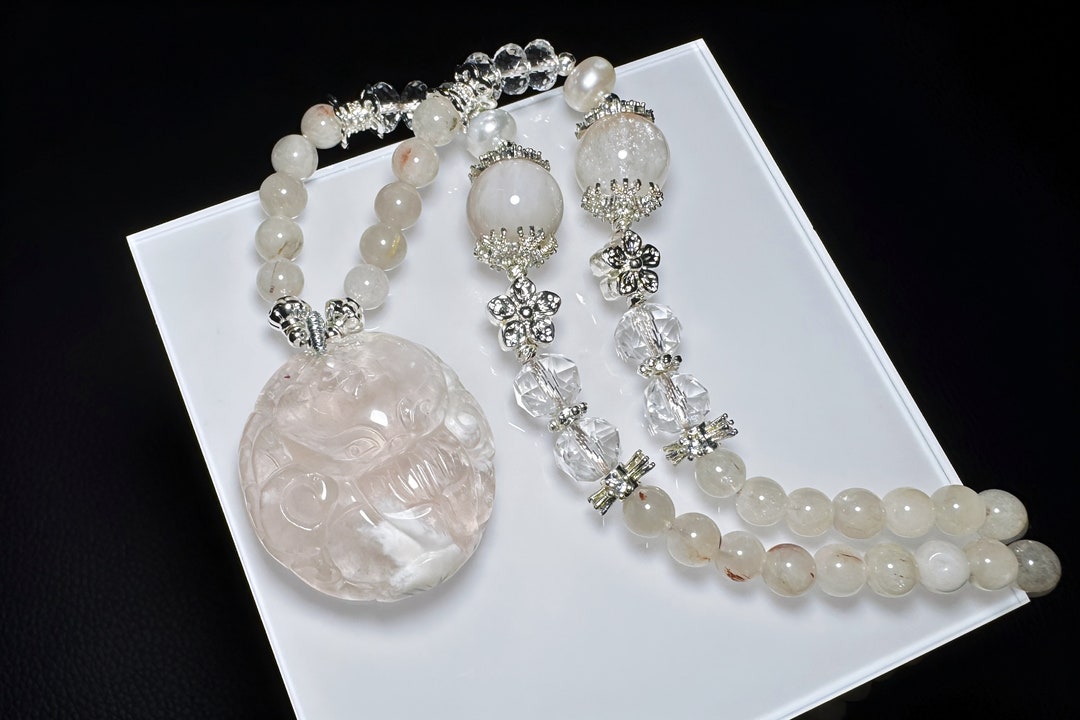Carved Snow Phantom Quartz Fox Pendant Necklace, Rabbit Hair Beads - Etsy
