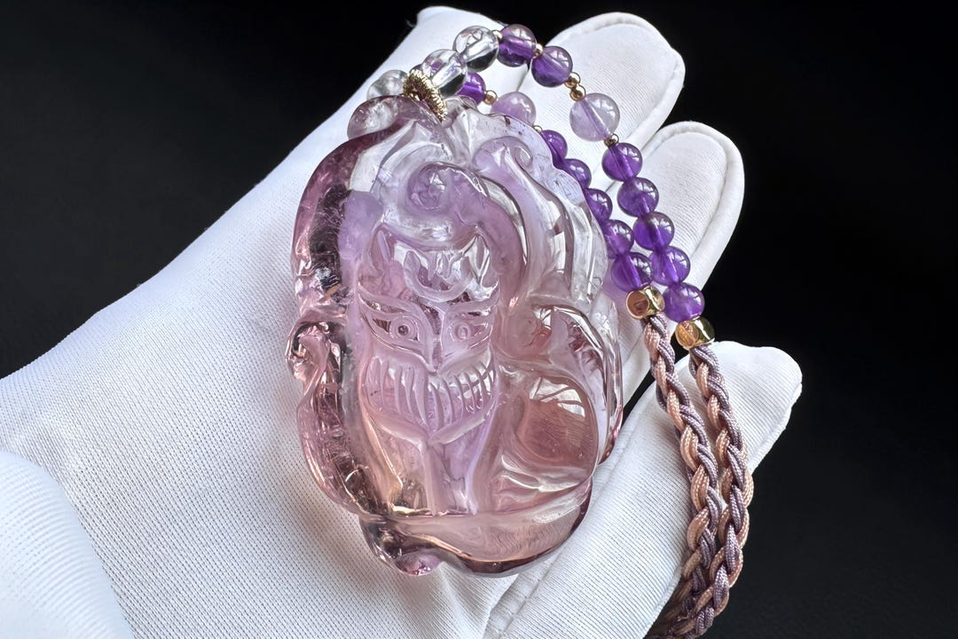 Large Naturual Amethyst Hand Carved Nine Tailed Fox Pendant, Amethyst ...