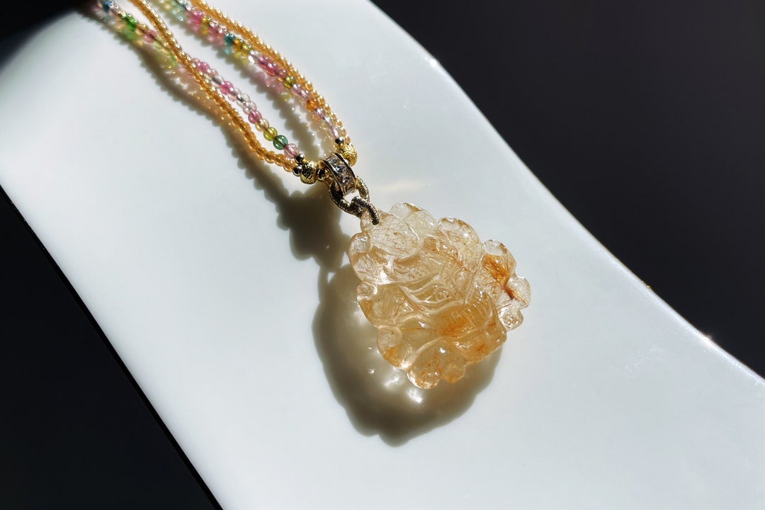 Natural Gold Rutile Quartz Double Side Carved Nine Tailed Fox Pendant ...