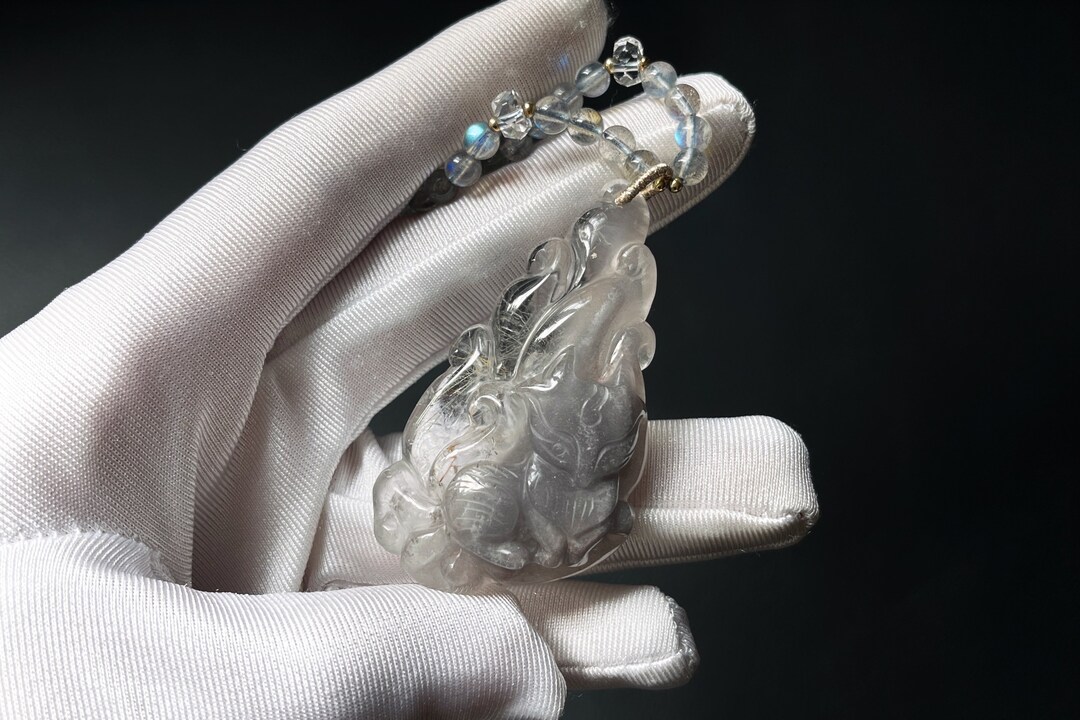 Natural Gray Phantom Quartz Hand Carved Nine Tailed Fox Pendant ...