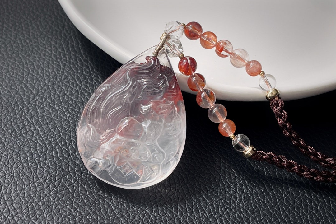 Natural Ox Blood Red Hematoid Quartz Hand Carved Nine Tailed Fox ...