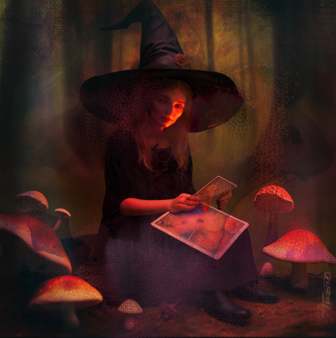 Tiny Witch in Forest With Big Mushrooms Digital Print, Witch Art ...