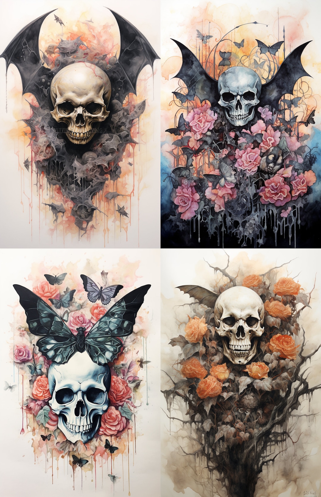 GOTH Skull Bats Flowers DIGITAL Paper, Half Paper 5.5”x8.5” Goth ...