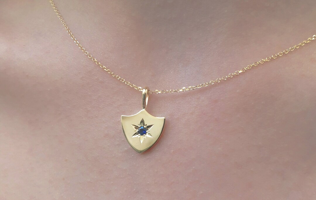 Diamond Shield Necklace in Solid Gold, Star Diamond Shield Pendant ...